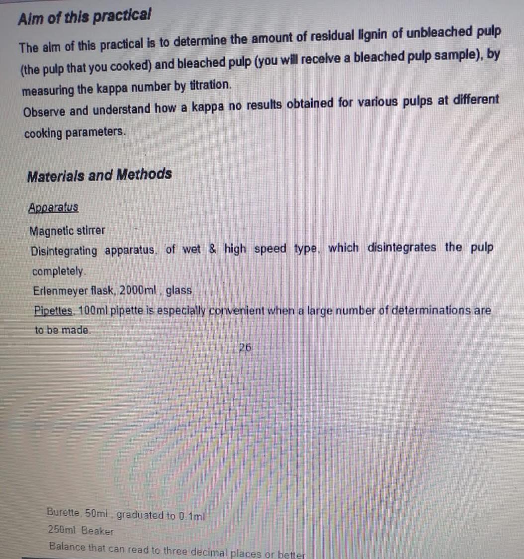 VI. Determination of Pulp Kappa Number Introduction | Chegg.com