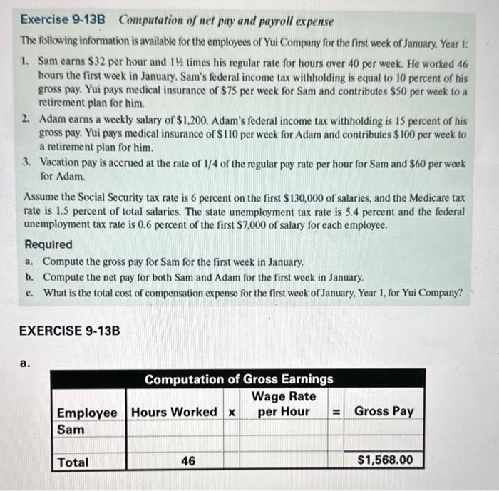 Solved Exercise 9-13B Computation of net pay and payroll | Chegg.com