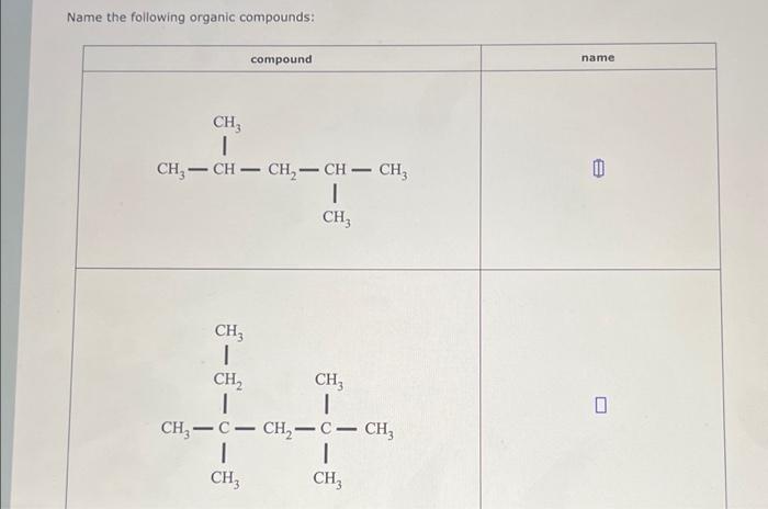 Solved Name the following organic compounds: CH3 compound | Chegg.com