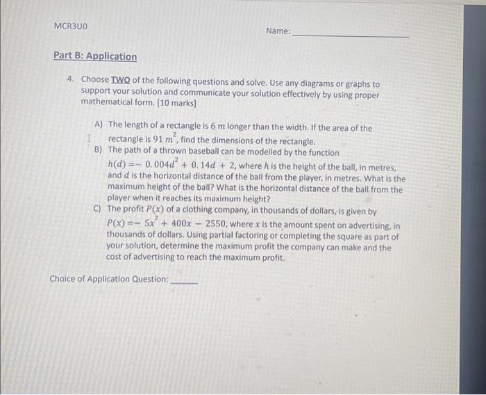 Solved Choose A) And B)For FunctionsMCR3U0 Part B: | Chegg.com