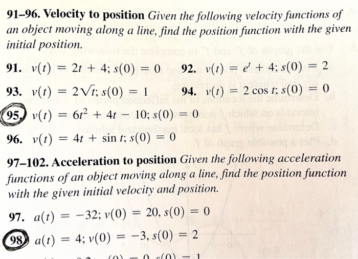 Solved 91-96. Velocity to position Given the following | Chegg.com