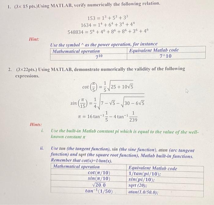 Solved 1. (3x 15 pts. Using MATLAB, verify numerically the | Chegg.com