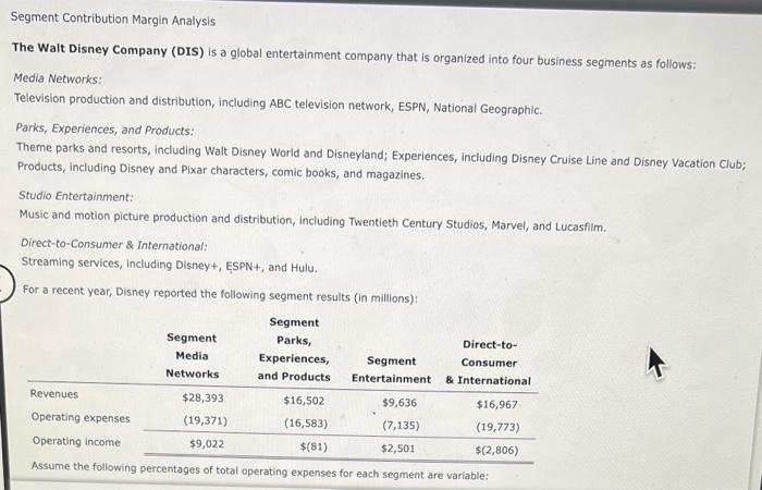 Solved Segment Contribution Margin Analysis The Walt Disney | Chegg.com