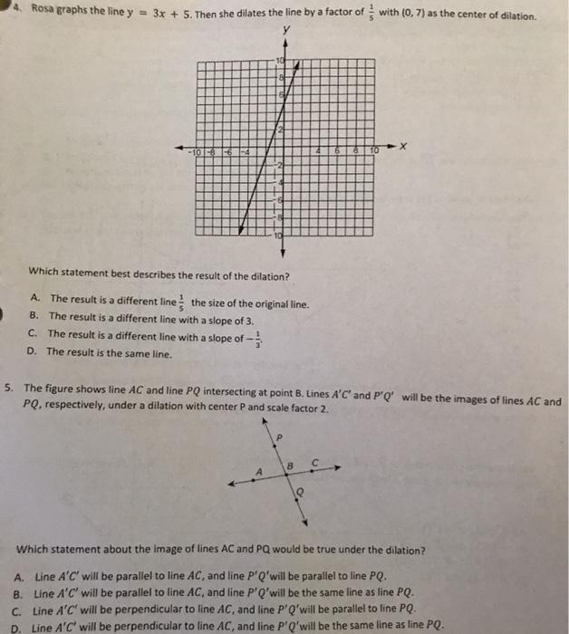 Solved 4. Rosa graphs the line y = 3x + 5. Then she dilates | Chegg.com