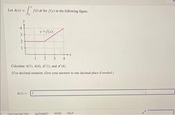 Solved Let A(x)=∫0xf(t)dt for f(x) in the following figure. | Chegg.com