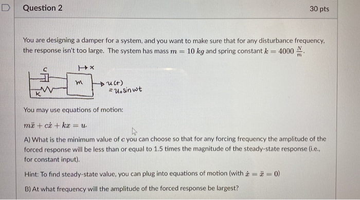 Solved Question 1 Consider a spring-mass system with zero | Chegg.com