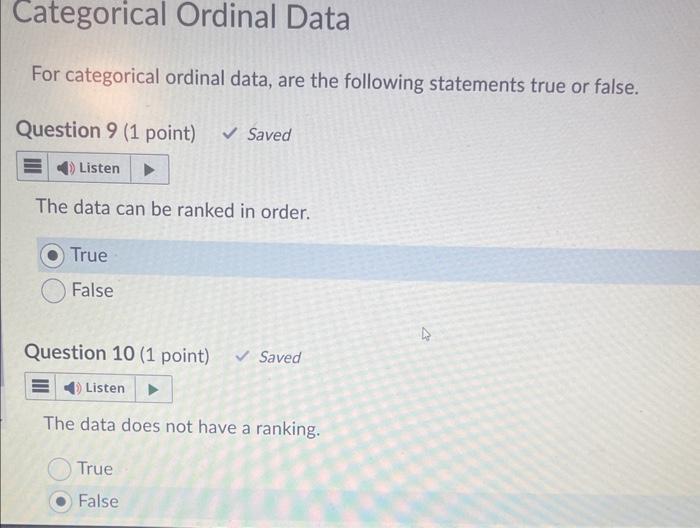 Solved For categorical ordinal data, are the following | Chegg.com