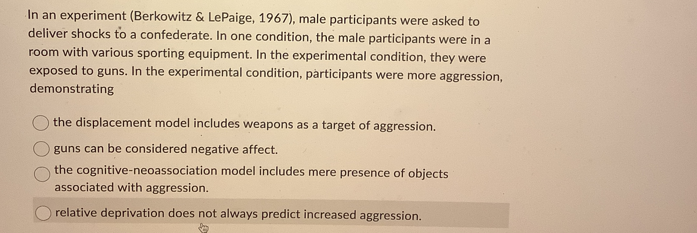 Solved In an experiment (Berkowitz & LePaige, 1967), ﻿male | Chegg.com