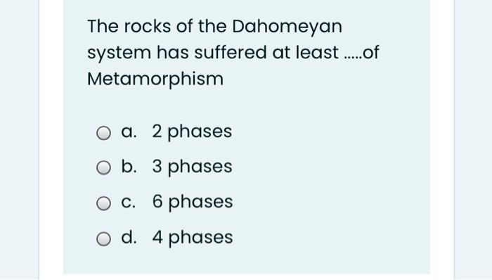 Solved The rocks of the Dahomeyan system has suffered at | Chegg.com