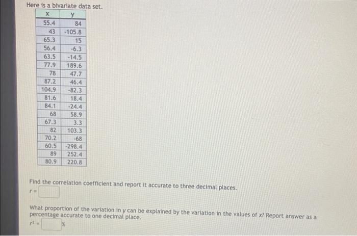 Solved Here is a bivariate data set. Find the correlation | Chegg.com