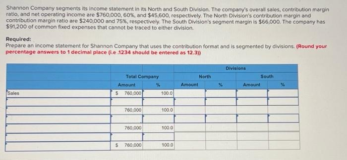 Solved Shannon Company segments its income statement in its | Chegg.com