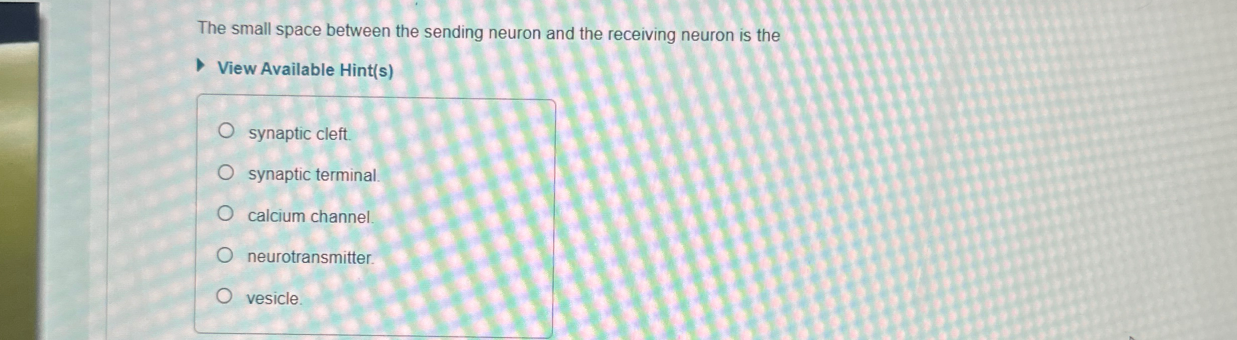 Solved The small space between the sending neuron and the | Chegg.com