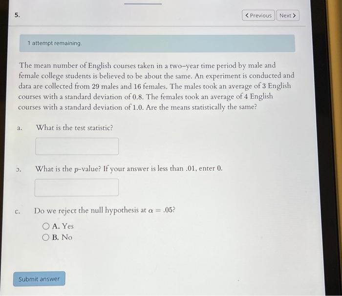 Solved The mean number of English courses taken in a | Chegg.com