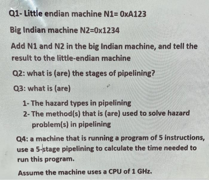 Solved Q1- Little endian machine N1= 0xA123 Big Indian | Chegg.com