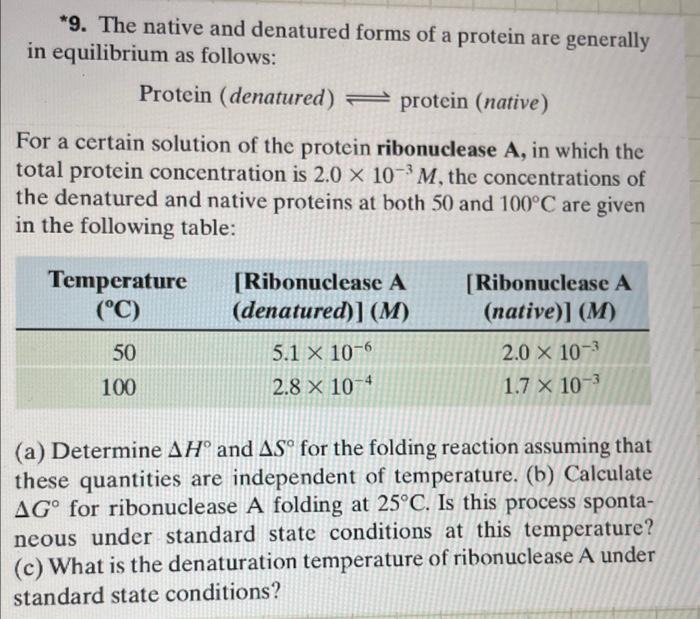 Solved *9. The native and denatured forms of a protein are | Chegg.com