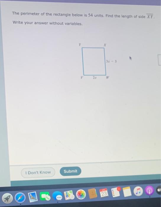 Solved The perimeter of the rectangle below is 54 units. | Chegg.com