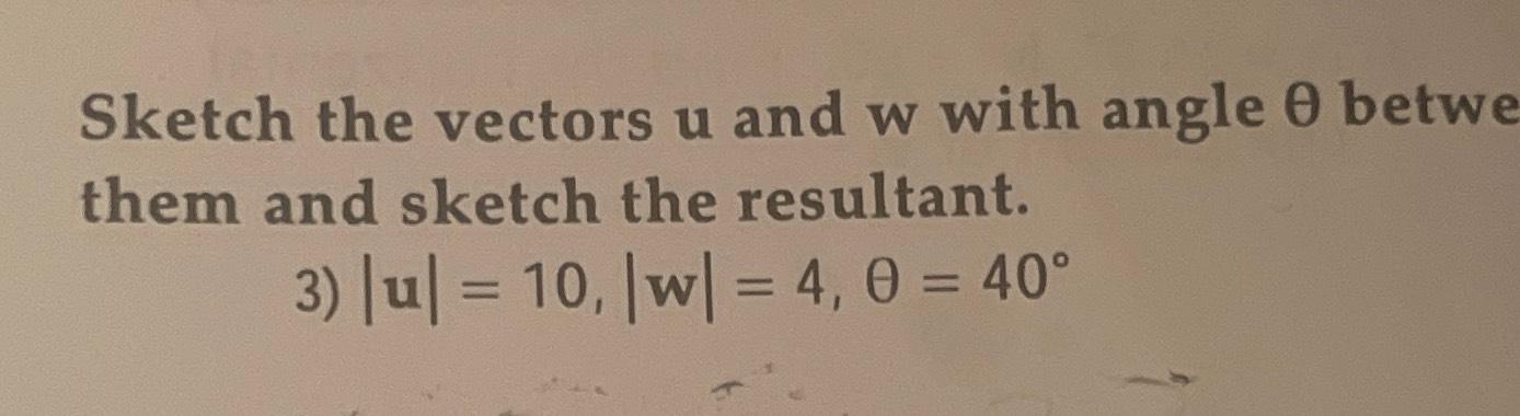 Solved Sketch the vectors u ﻿and w ﻿with angle θ ﻿betwe them | Chegg.com