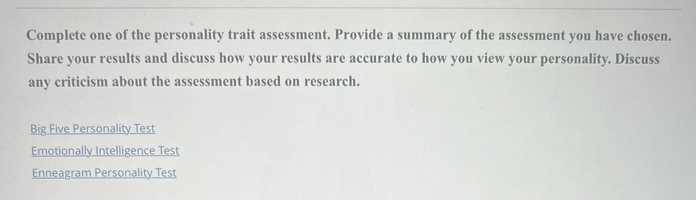 Solved Complete one of the personality trait assessment. | Chegg.com