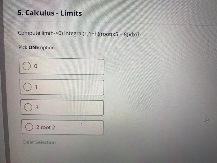Solved Compute lim(h−>0) integral (1,1+h)(root(x5+8))dx/h | Chegg.com