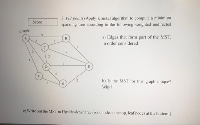 Solved Score 8 (12 points) Apply Kruskal algorithm to | Chegg.com Solved Score 8 (12 points) Apply Kruskal algorithm to | Chegg.com