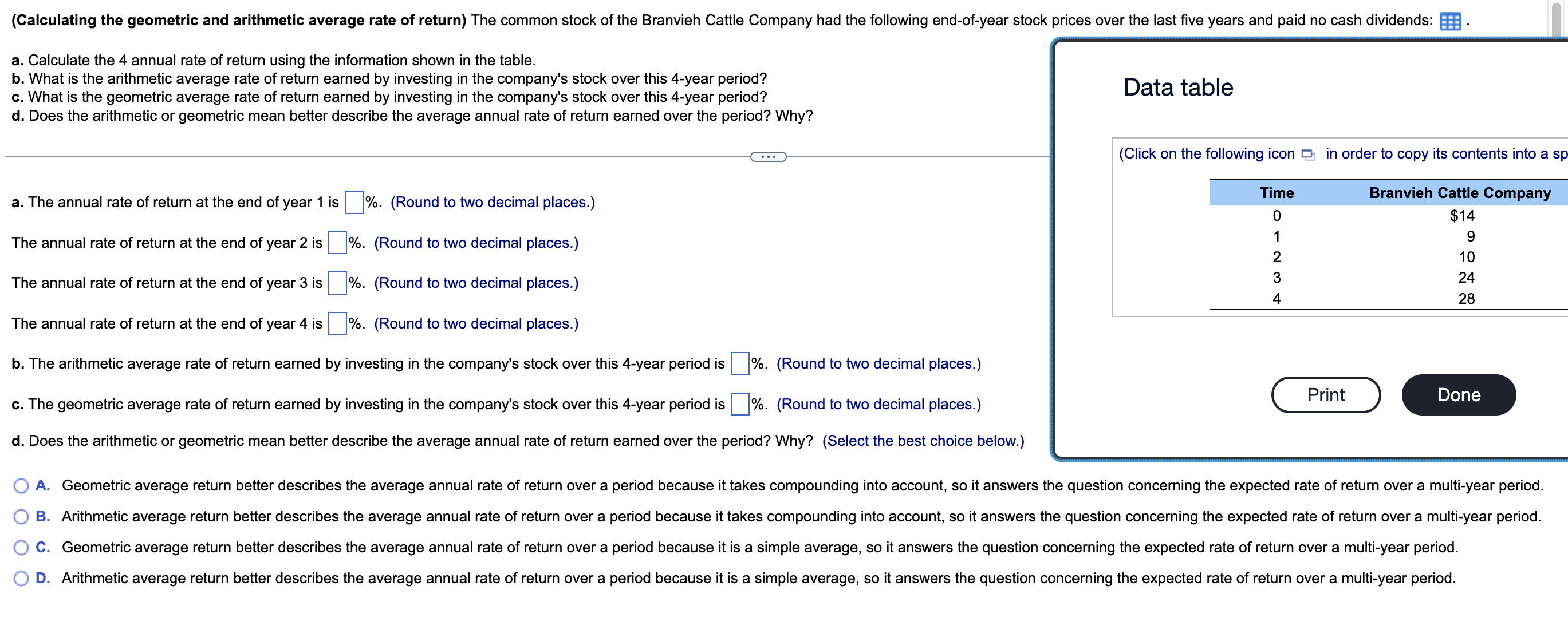 Solved a. ﻿Calculate the 4 ﻿annual rate of return using the | Chegg.com