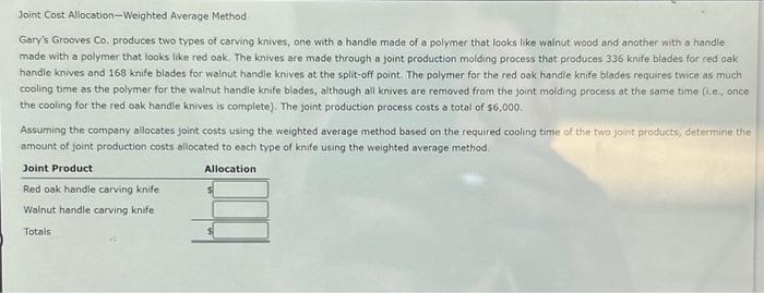 Solved Joint Cost Allocation-Weighted Average Method Gary's | Chegg.com