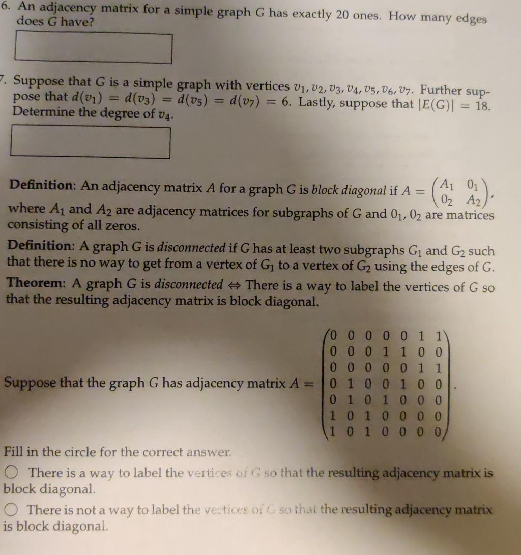 Solved 6. An adjacency matrix for a simple graph G has | Chegg.com