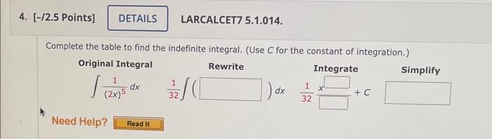 Solved Complete the table to find the indefinite integral. | Chegg.com