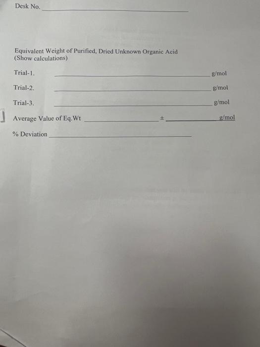 Solved Desk No. Equivalent Weight of Purified, Dried Unknown | Chegg.com