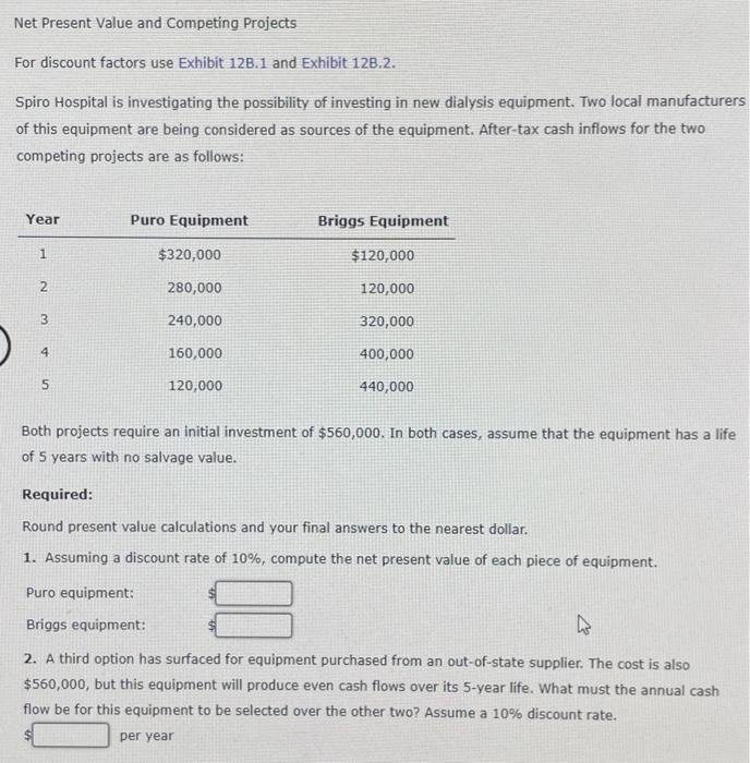 Solved Net Present Value and Competing Projects For discount | Chegg.com
