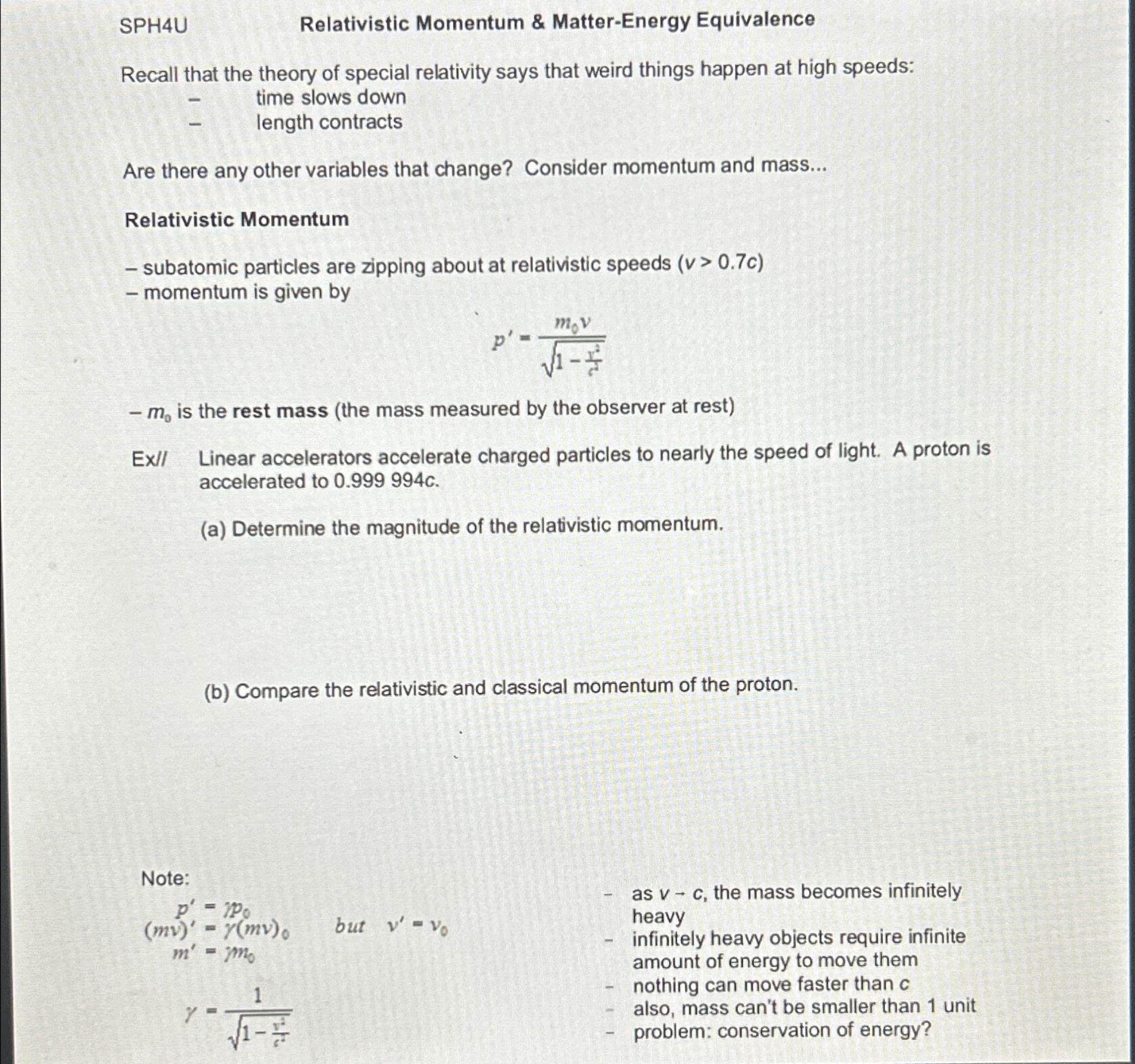 Solved Solve the questions : SPH4URelativistic Momentum & | Chegg.com
