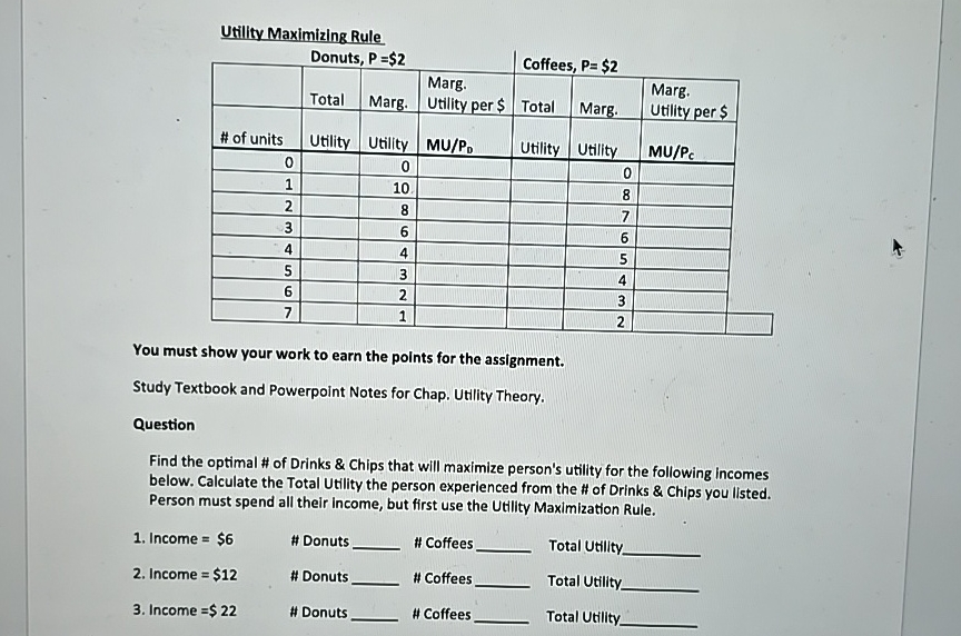 Solved Utility Maximizing Rule\table[[Donuts, P=2,Coffees, P | Chegg.com