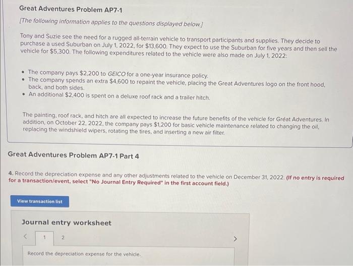 Solved Great Adventures Problem AP7-1 [The following | Chegg.com