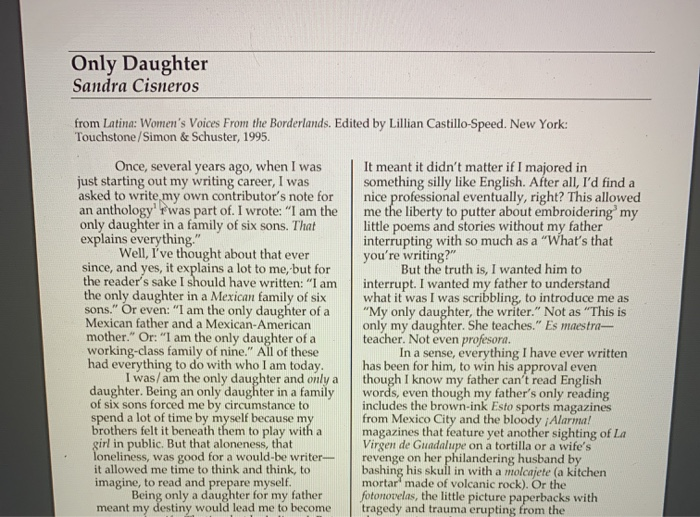 Only Daughter Sandra Cisneros from Latina: Women's | Chegg.com