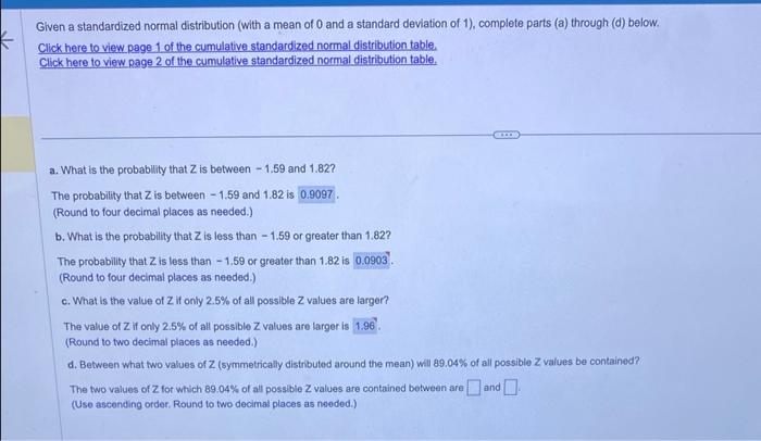Solved Given a standardized normal distribution (with a mean | Chegg.com
