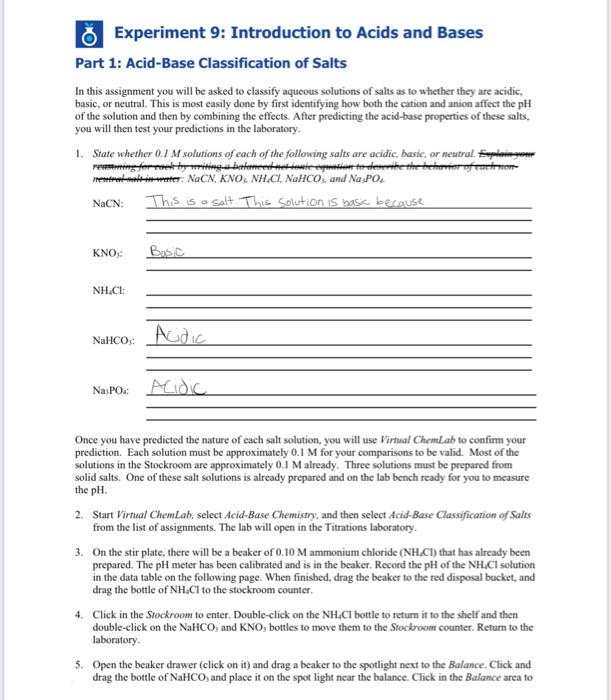 Solved Experiment 9: Introduction to Acids and Bases Part 1: | Chegg.com