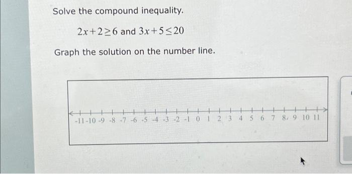 Solved Solve the compound inequality. 2x+2≥6 and 3x+5≤20 | Chegg.com