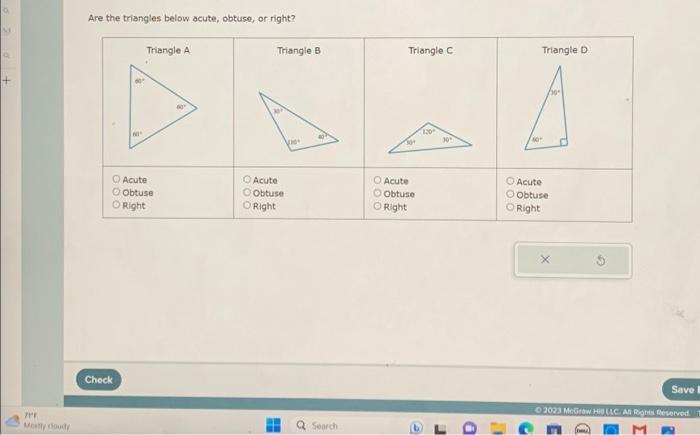 Solved Are the triangles below acute, obtuse, or right? | Chegg.com