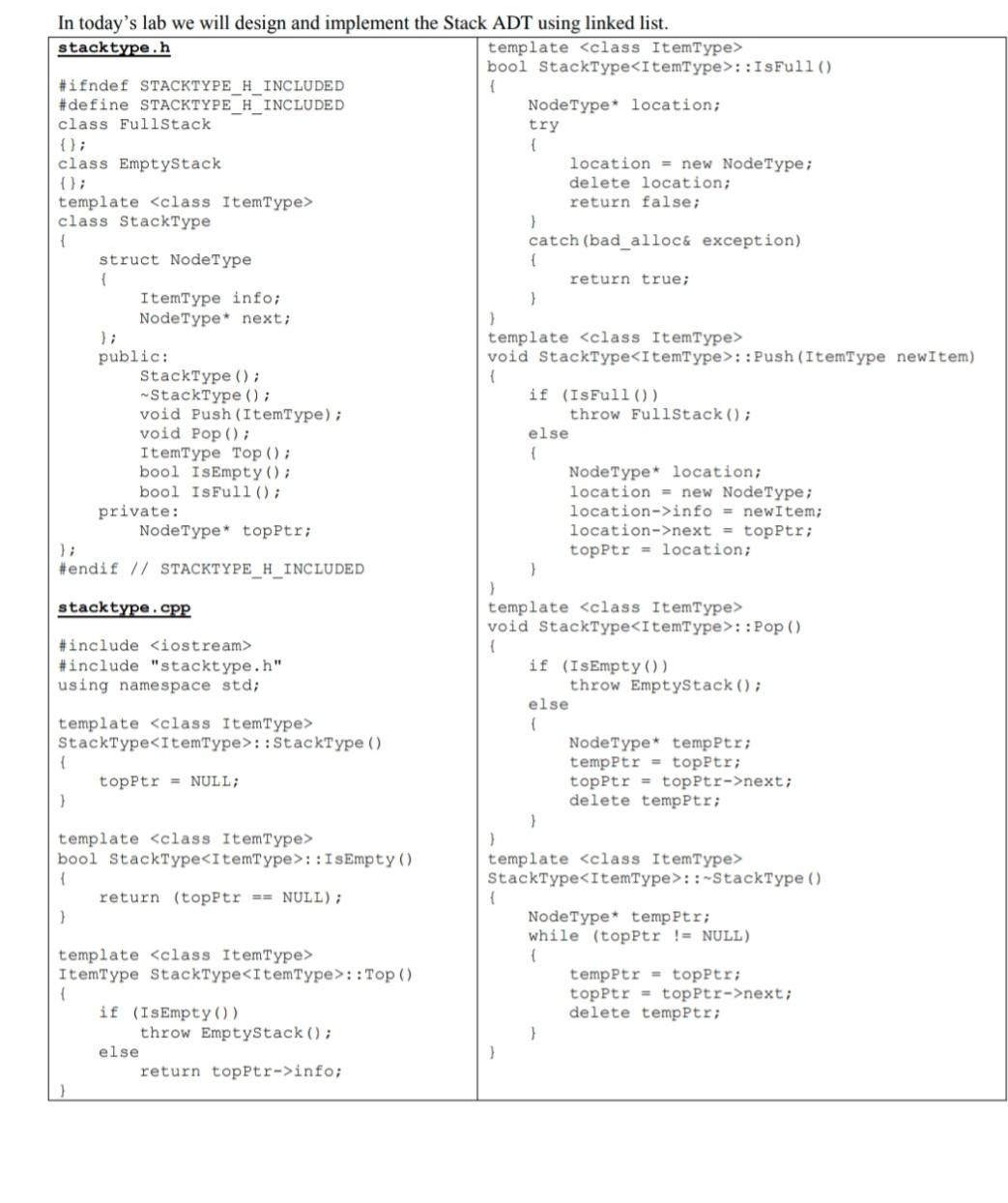 Solved In today's lab we will design and implement the Stack | Chegg.com