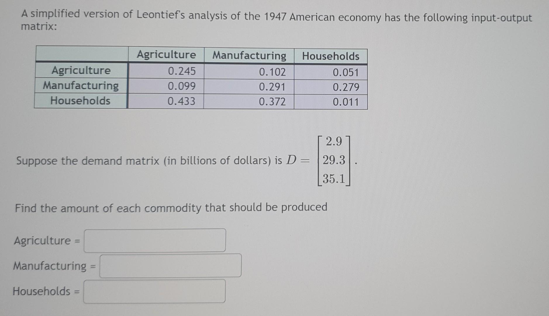 Solved A simplified version of Leontief's analysis of the | Chegg.com