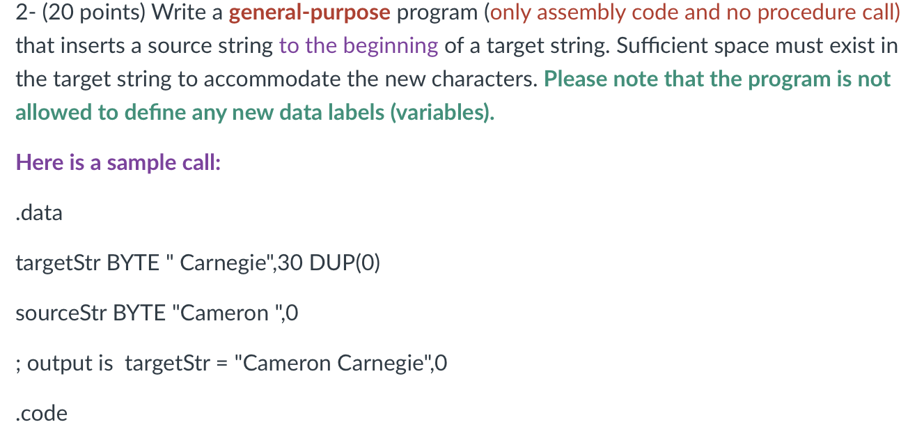 Solved In assembly language please. Do not use Irvine32 | Chegg.com