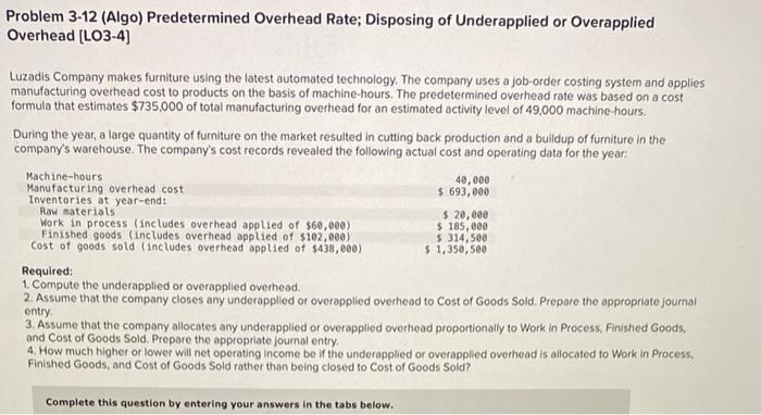 Solved Problem 3-12 (Algo) Predetermined Overhead Rate; | Chegg.com