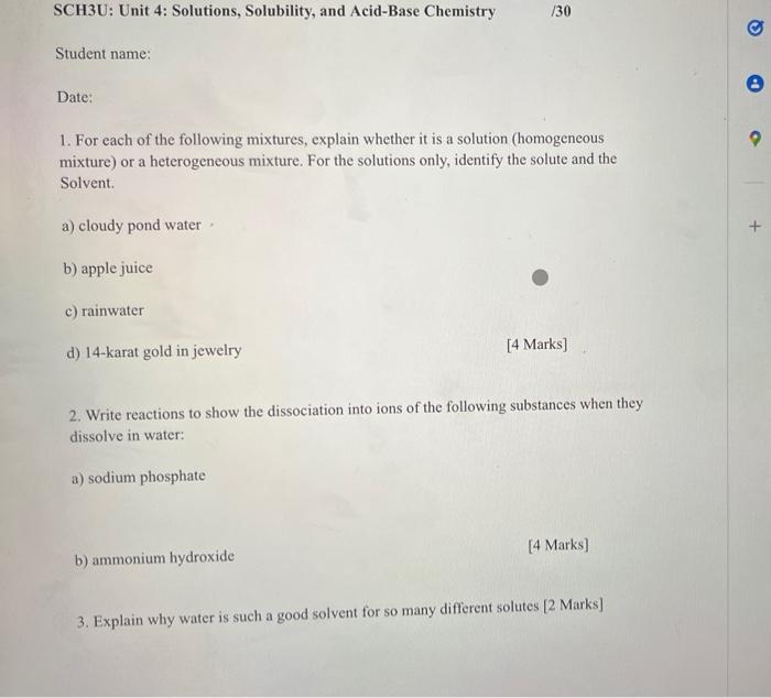 Solved SCH3U: Unit 4: Solutions, Solubility, and Acid-Base | Chegg.com
