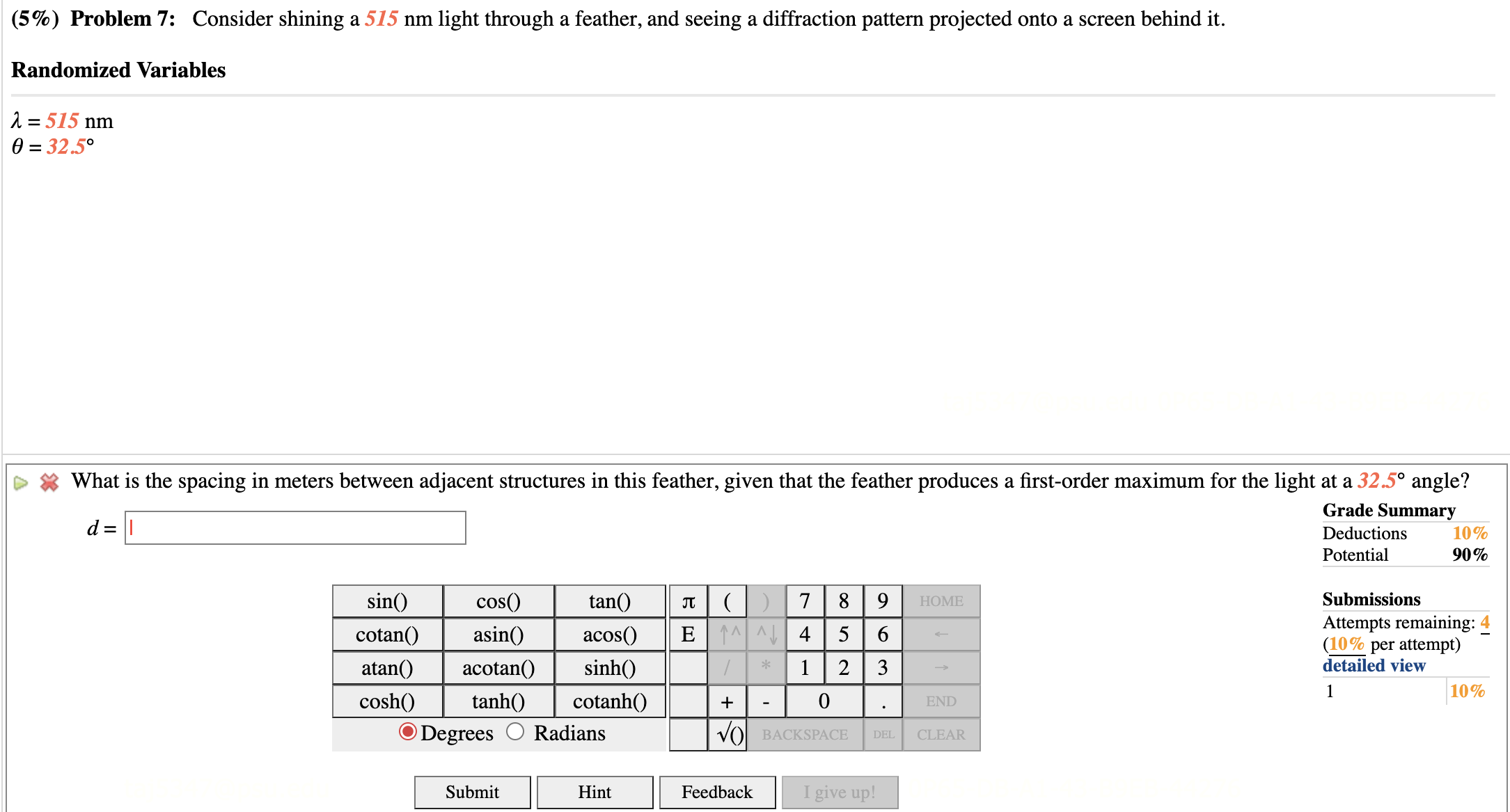 Solved (5%) ﻿Problem 7: Consider shining a 515nm ﻿light | Chegg.com