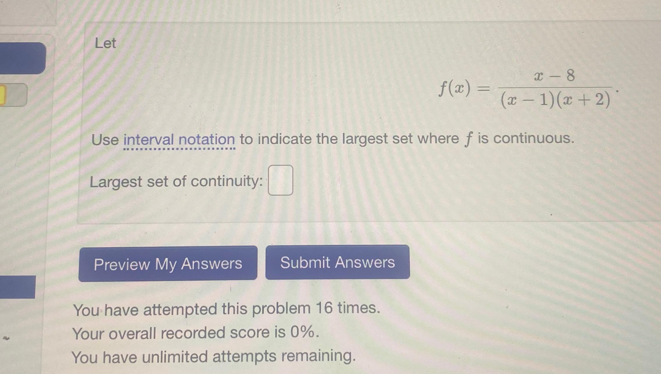 Solved Letf(x)=x-8(x-1)(x+2)Use interval notation to | Chegg.com