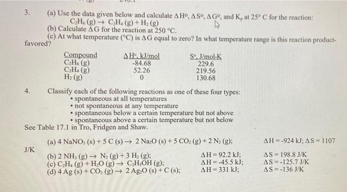 Solved 3. (a) Use the data given below and calculate AHO, | Chegg.com