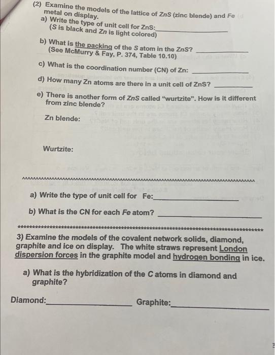 Solved (2) Examine the models of the lattice of ZnS (zinc | Chegg.com
