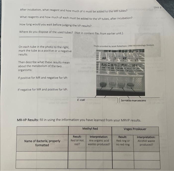 Draw and color one MR and one VP tubes in the table | Chegg.com