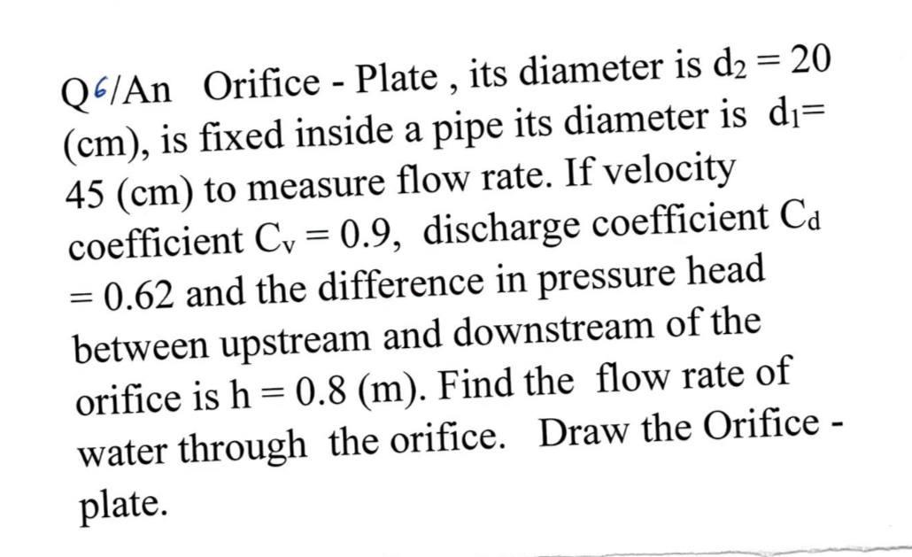 Solved Q6/An Orifice - Plate, its diameter is d2=20 (cm), is | Chegg.com