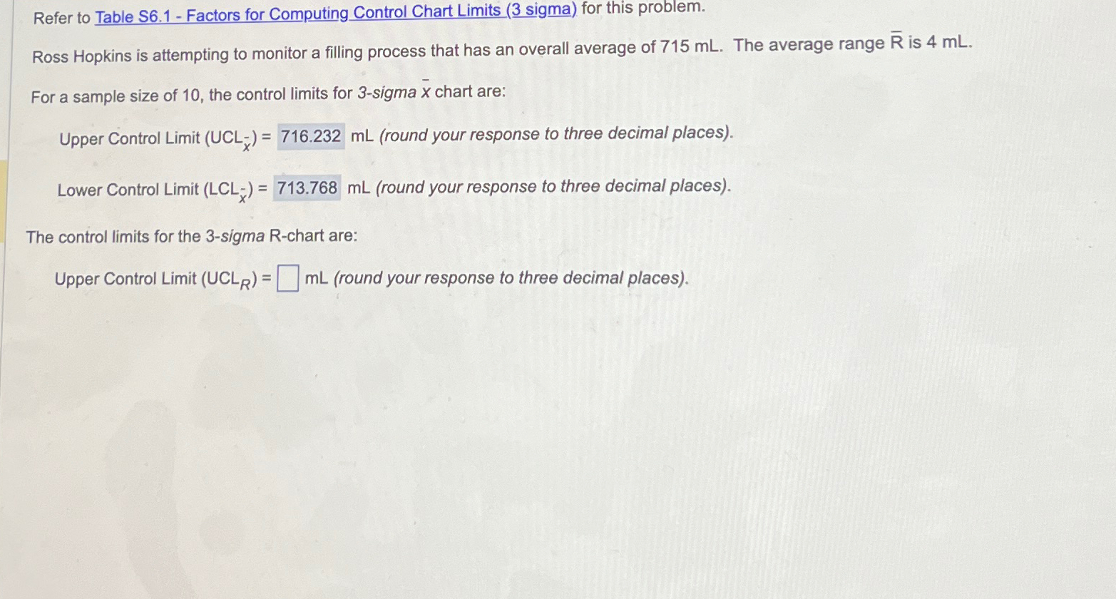 Solved Refer to Table S6.1 - ﻿Factors for Computing Control | Chegg.com
